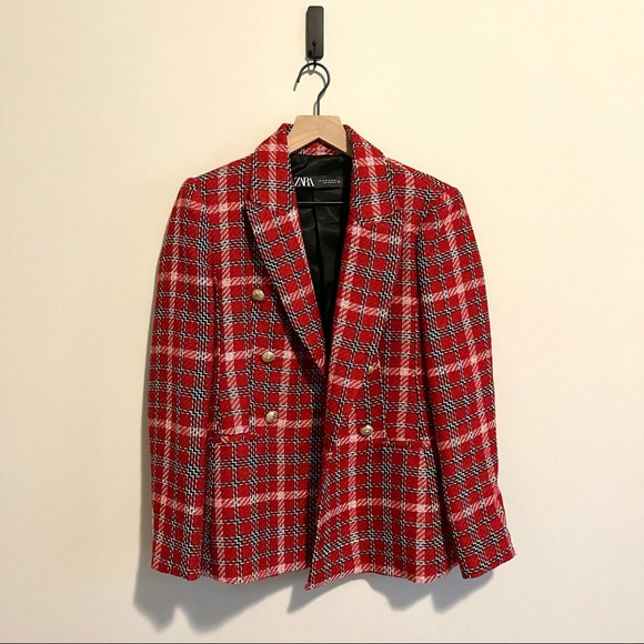 Zara | Jackets & Coats | Zara Double Breasted Red Plaid Blazer | Poshmark